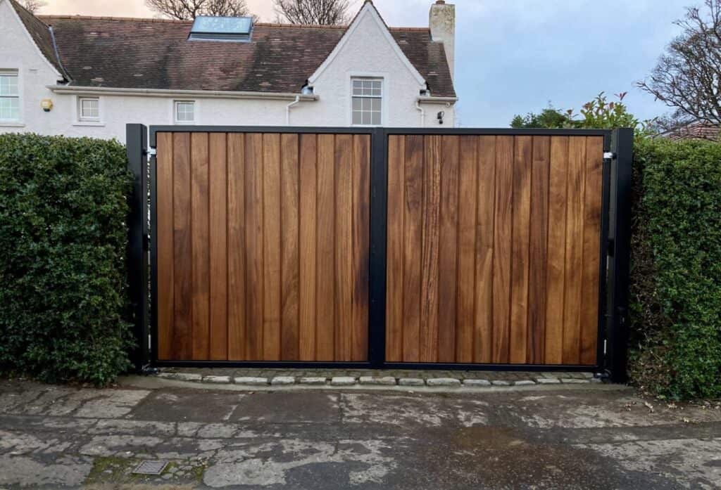 Metal Framed Iroko Infill Electric Gates Edinburgh